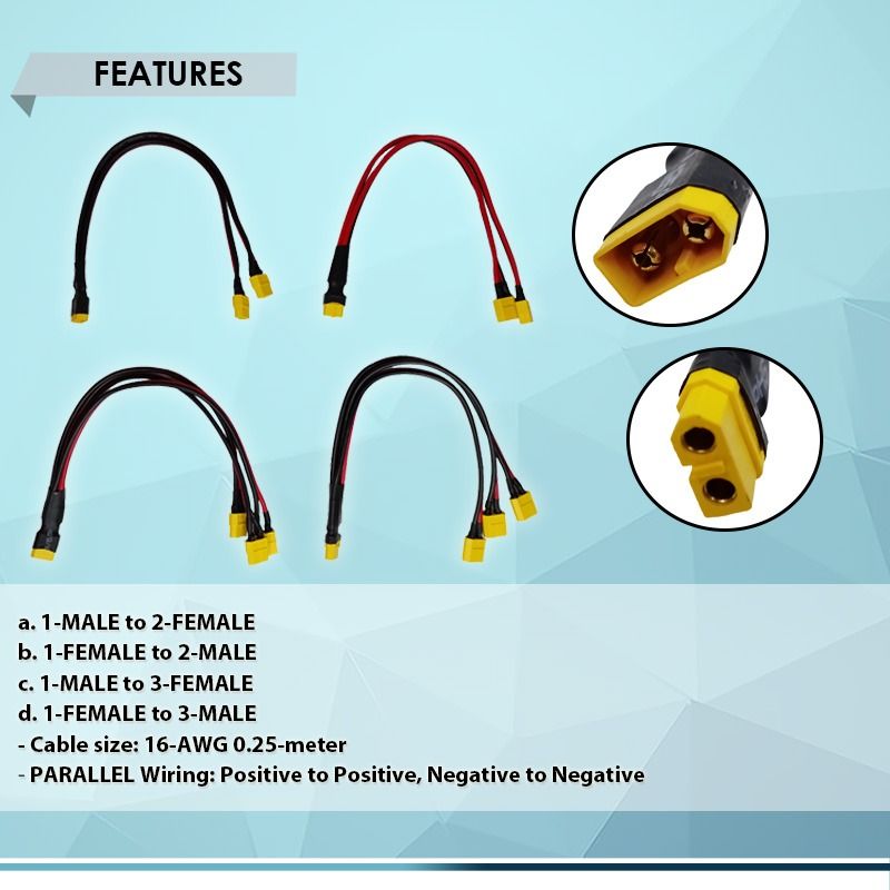 XT60 MALE/FEMALE PARALLEL BATTERY CONNECTOR CABLE Y SPLITTER EXTENSION, 16-AWG, BEST FOR RC ...
