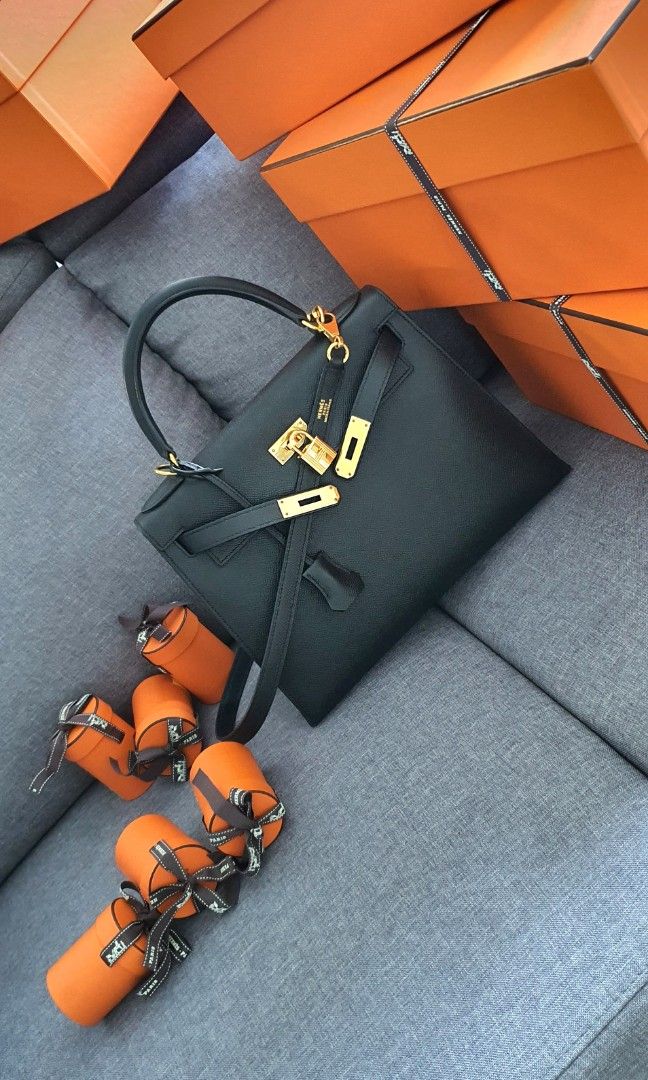 Authentic Kelly 28 Black Epsom Sellier Gold Hardware Bag Stamp O ...