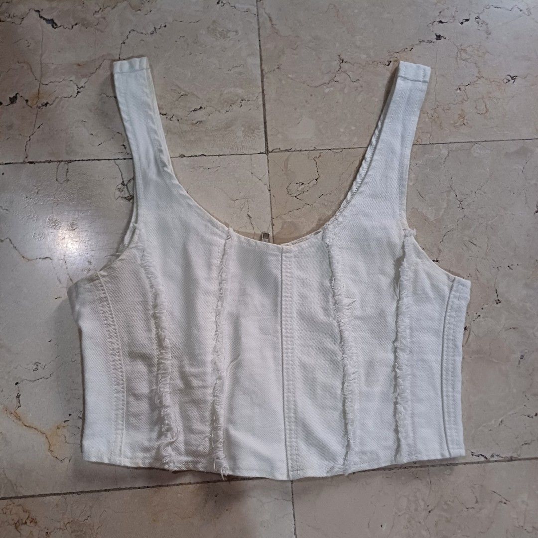 🟡 IAMGIA Jianna Corset in White Distressed Denim | Sleeveless Bustier ...