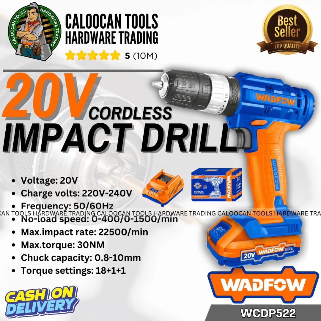 Wadfow 20V Lithium-Ion Cordless Impact Drill with Battery and Charger ...