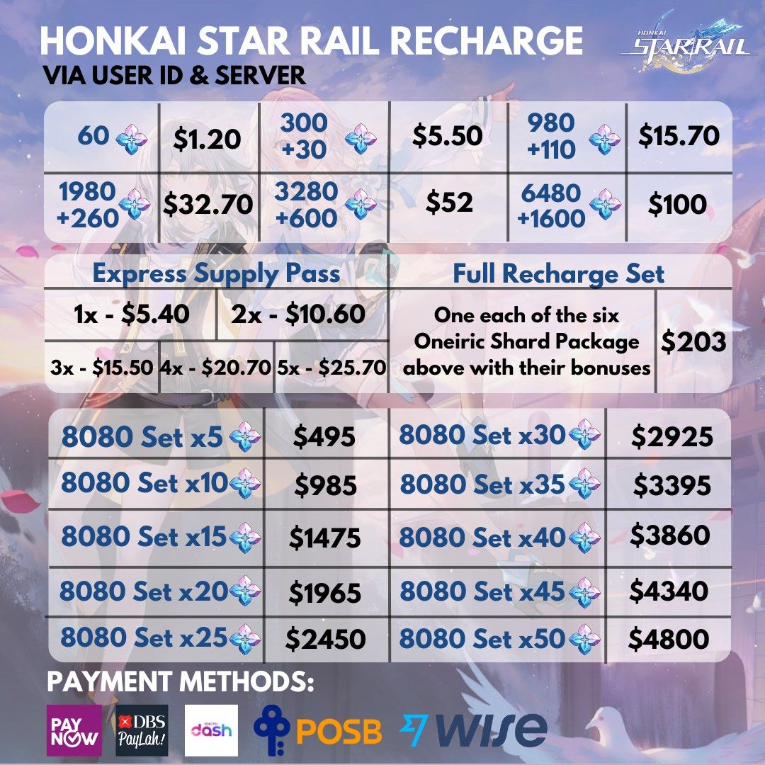 [8080 $100] Honkai Star Rail Oneiric Shards Top up Service |Topup ...