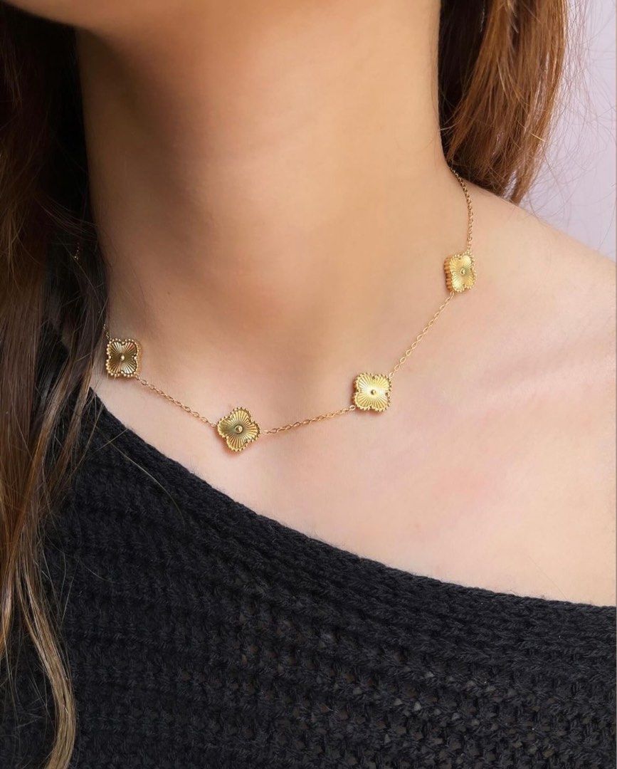 Four Leaf Clover Gold VCA Necklace & Bracelet Set (Non-Tarnish ...