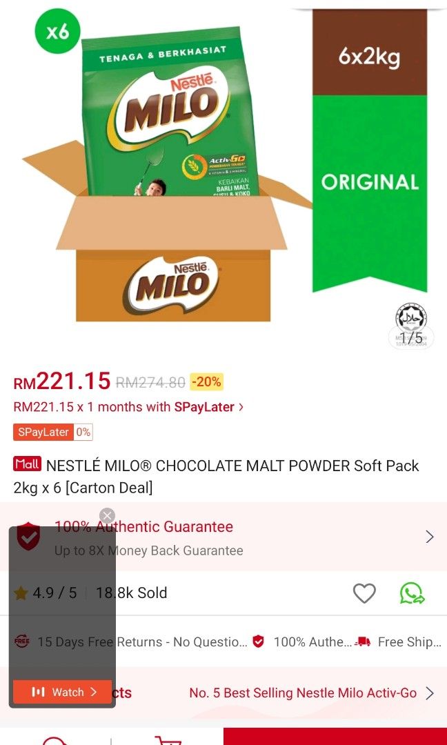 Milo chocolate malt powder pack 2kg X 6, Food & Drinks, Packaged ...