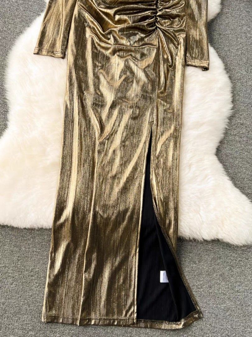 Readystock Gold Elegant toga Evening Dress Plus size Sexy Shiny ...