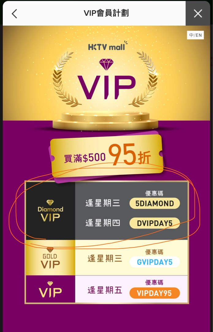 （無手續費） HKTVmall Diamond VIP 代購 香港滿HK$100 免運費 滿HK$500 逢星期三、四 95折, 門票＆禮券, 現金券、兌換券、禮券 - Carousell