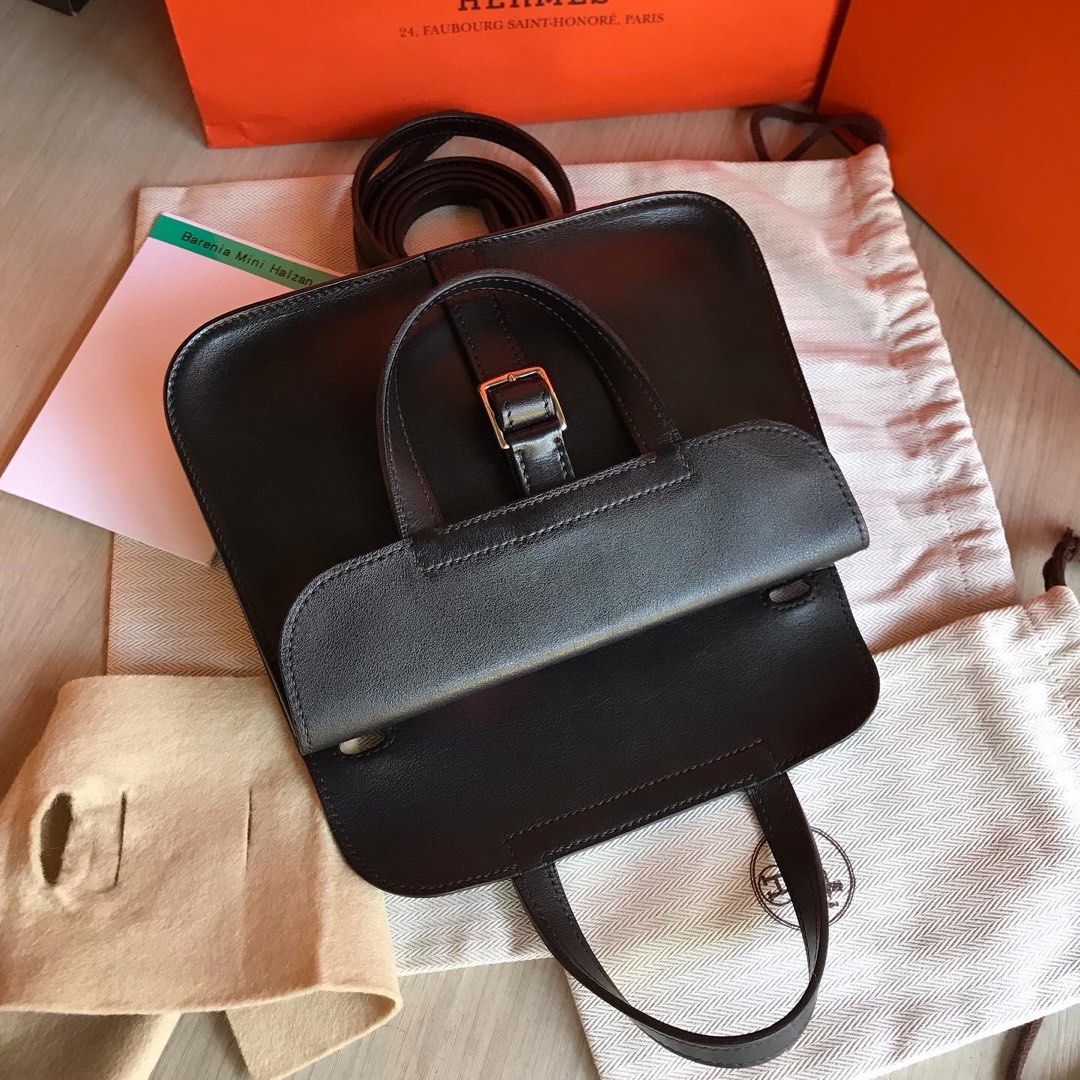 ( Receipt $7900 ) Hermes Halzan mini Barenia Black Recolored Stamp A ...