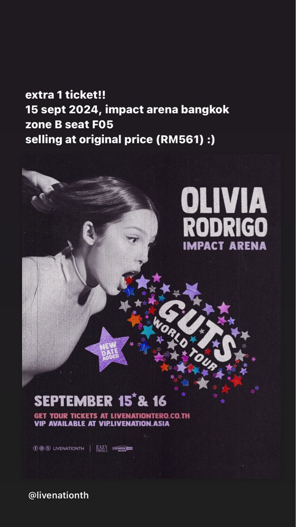 WTS GUTS TOUR OLIVIA RODRIGO BANGKOK ZONE B SEAT F05, Tickets ...