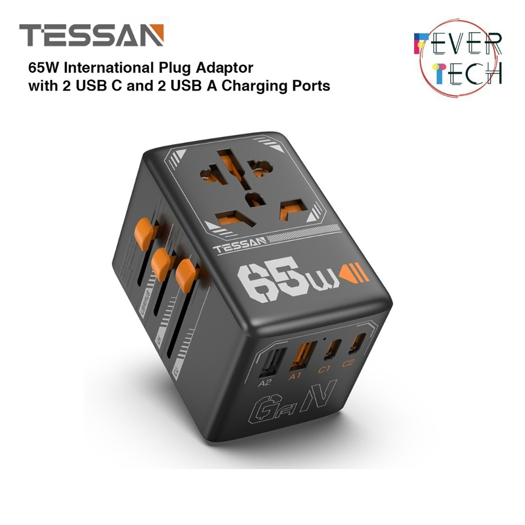 TESSAN 65W International Plug Adaptor with 2 USB C and 2 USB A Charging ...
