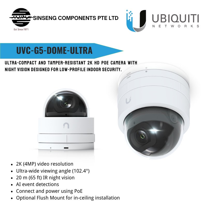 Ubiquiti Unifi UVC-G5-Dome-Ultra Unifi 2K HD PoE IP Camera ith night vision designed for low ...
