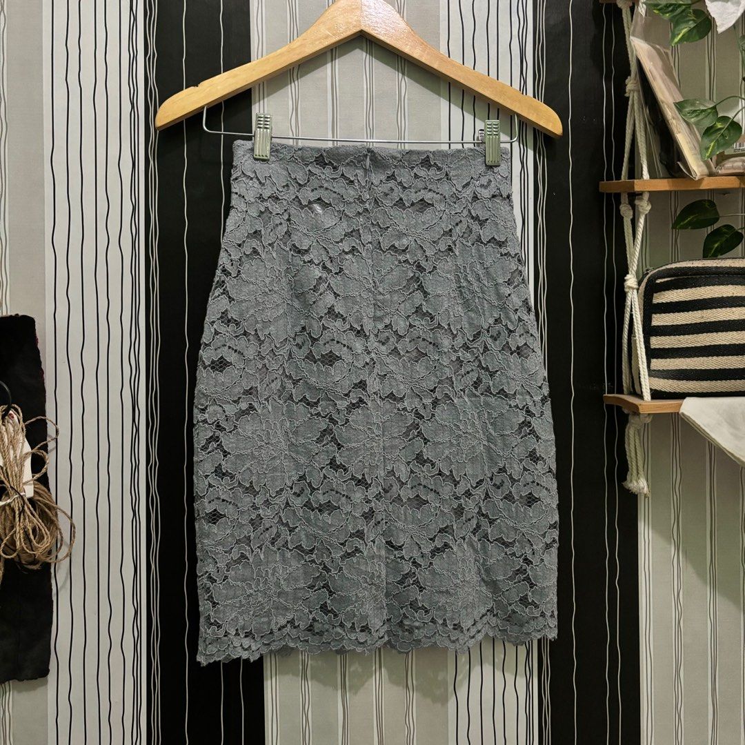 Grey Lace brokat Skirt premium furing satin rok brukat abu rok ...