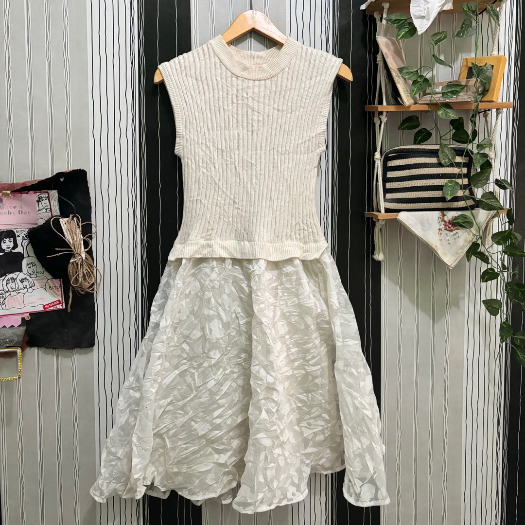 White dress elegant dress rib knit Premium dress putih combi rib knit ...