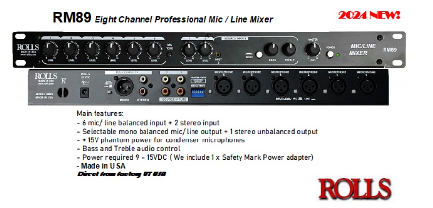 Rolls RM89 8 channel rack mountable microphone/ line audio mixer, Audio ...