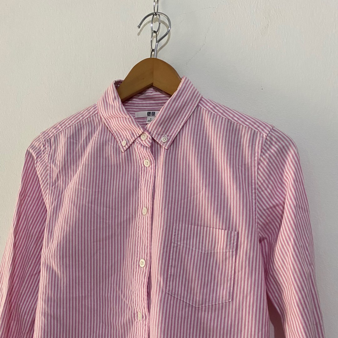 Uniqlo Pink Striped Shirt Kemeja Garis-Garis, Fesyen Wanita, Pakaian ...