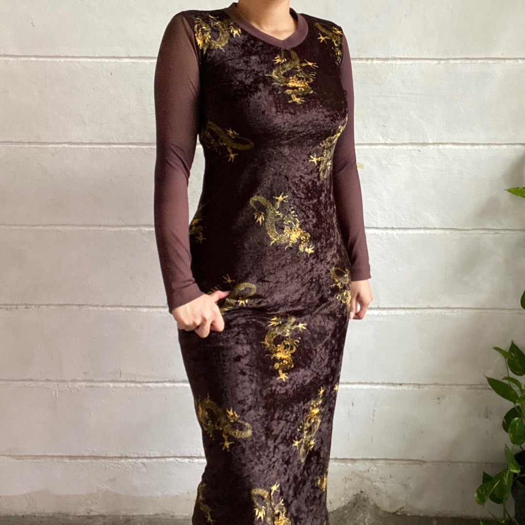 vintage cop copine velour brown maxi dress, Women's Fashion, Dresses ...