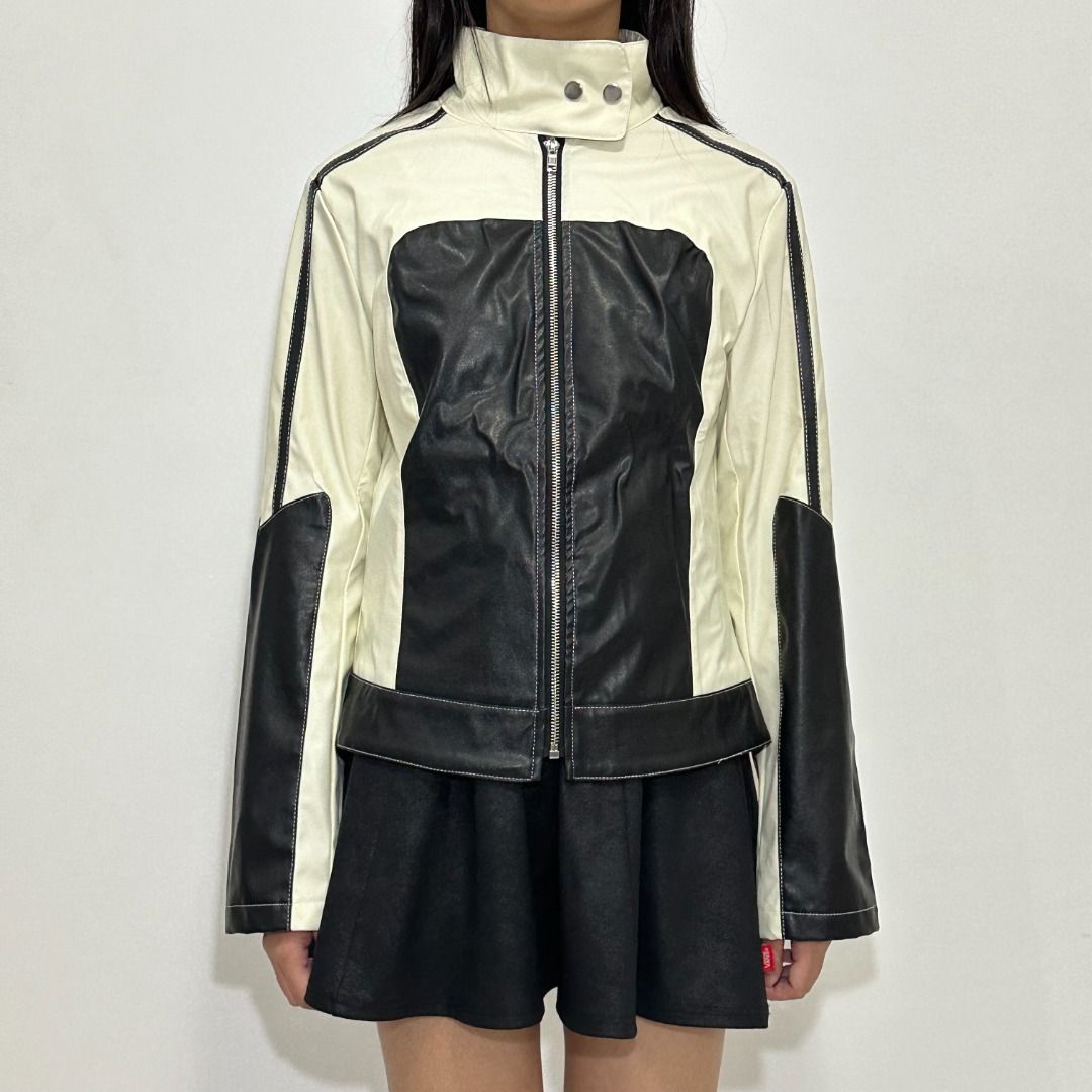 black and cream white racer jacket, Women's Fashion, Coats, Jackets and ...