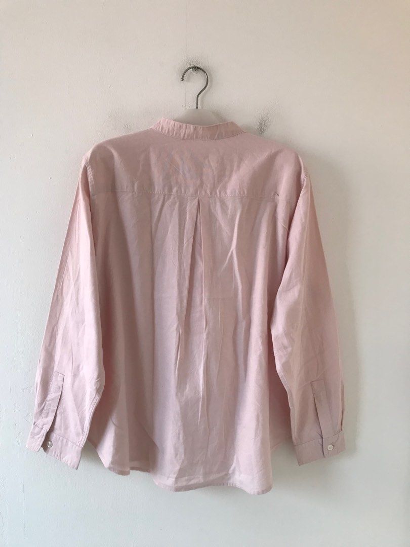 LEMIORE Kemeja Over Size Cutton Long Sleeve Kerah Tegak in pink, Fesyen Wanita, Pakaian Wanita ...