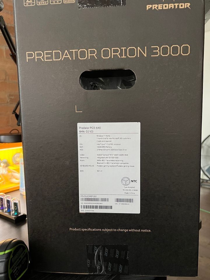 Predator Orion 3000 PO3-640 Gaming Desktop i7-12700 RTX 3060Ti 16GB RAM ...