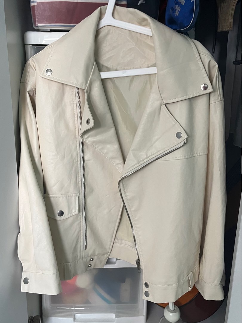White Leather Jacket, Women's Fashion, Coats, Jackets and Outerwear on ...