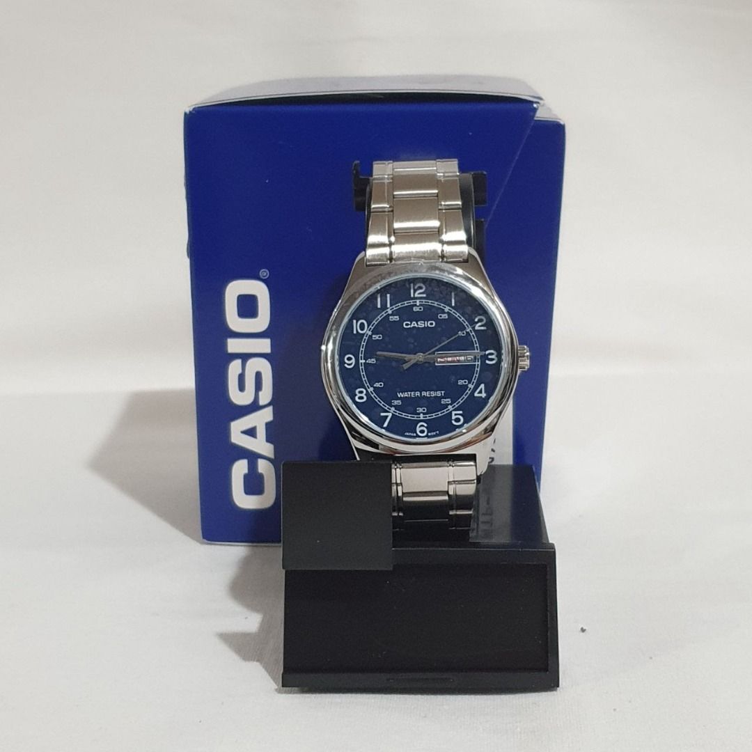 Casio Men's Stainless Steel Easy Reader Blue Dial Day Date Analog Dress ...