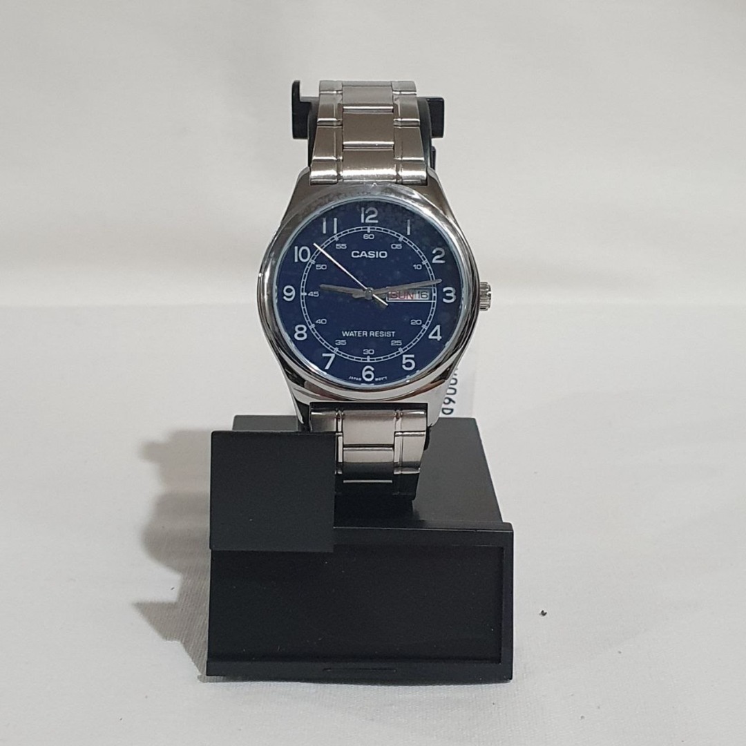 Casio Men's Stainless Steel Easy Reader Blue Dial Day Date Analog Dress ...