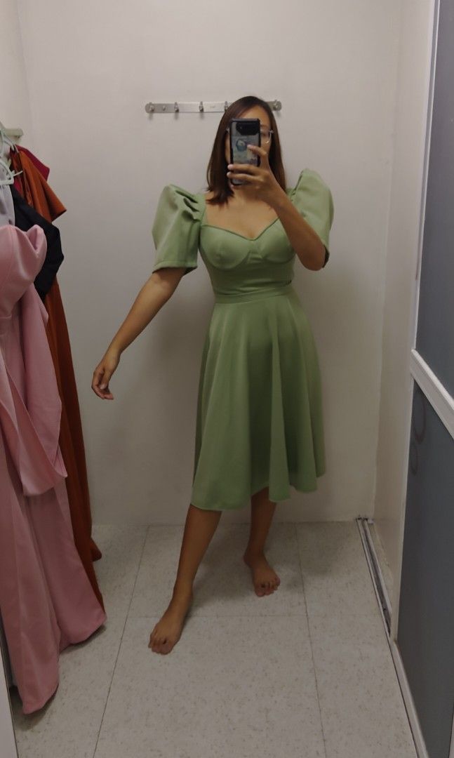 Filipiniana puff sleeve sage green dress, Women's Fashion, Dresses ...