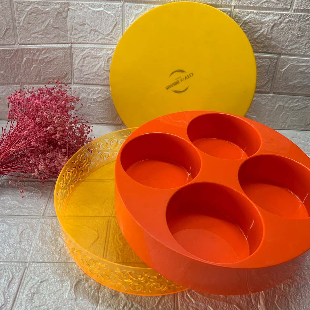 Yellow orange round plastic container with compartment , Furniture ...
