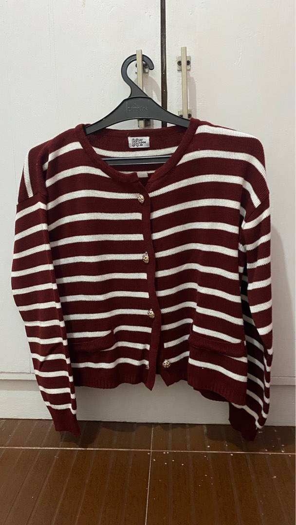 Cardigan Garis Garis Merah, Fesyen Wanita, Pakaian Wanita, Baju Luaran ...