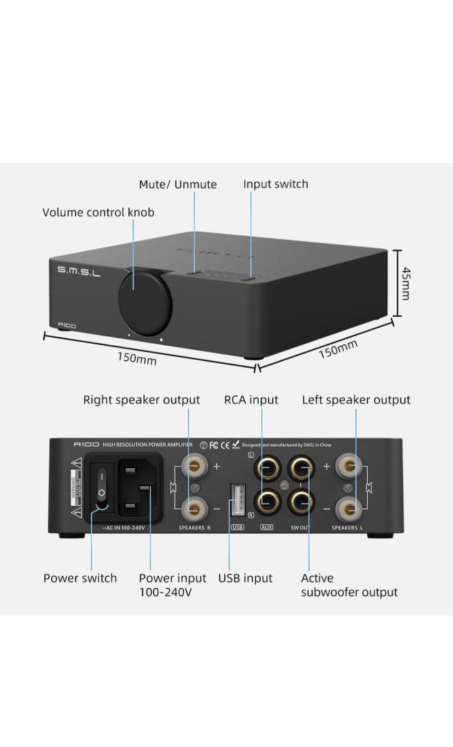 New SMSL A100 Bluetooth 5.0 Stereo Audio Mini Class D Amplifier 80Wx2 ...
