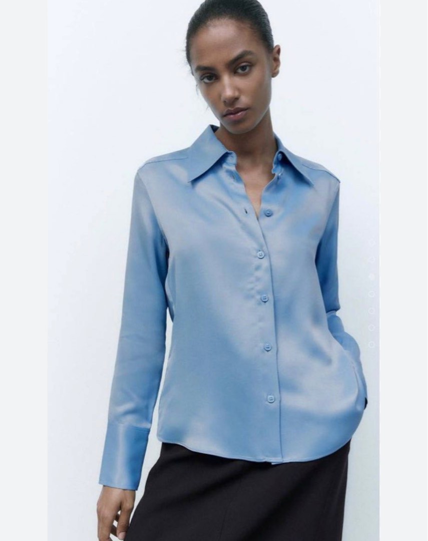 Zara Blue Satin Effect Shirt, Women's Fashion, Tops, Shirts on Carousell