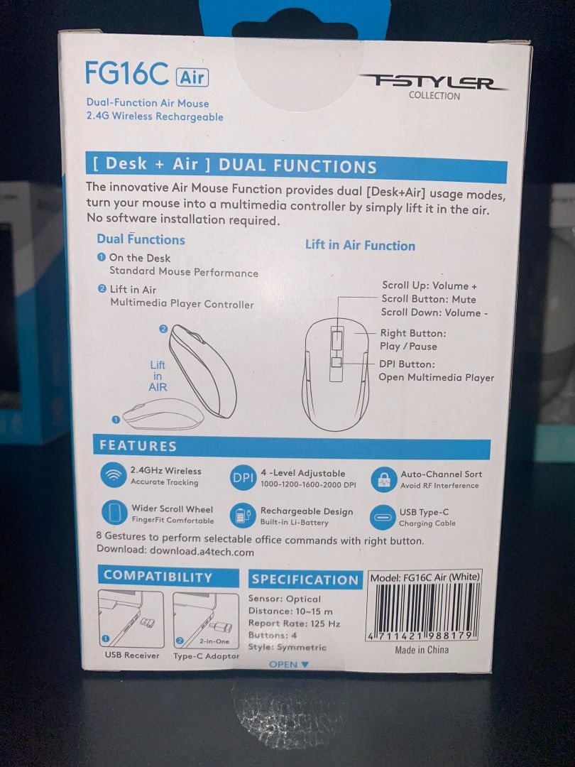 A4Tech FG16C Air Fstyler Wireless Rechargeable Mouse + Type-C Adapter ...