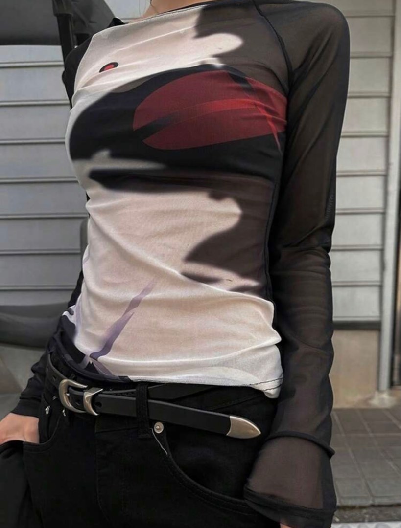 graphic design mesh long sleeve slim fit top, Women's Fashion, Tops ...