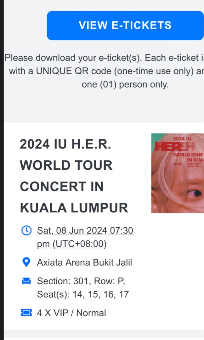 IU Her Concert 8/6 , VIP Section 301, Tickets & Vouchers, Event Tickets ...