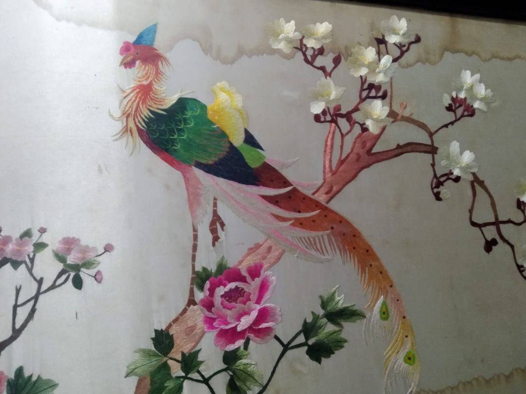 Lukisan Sulam Hunan Phoenix Heming Lai Yi Fu Bingkai Kaca Kuno Jadul ...