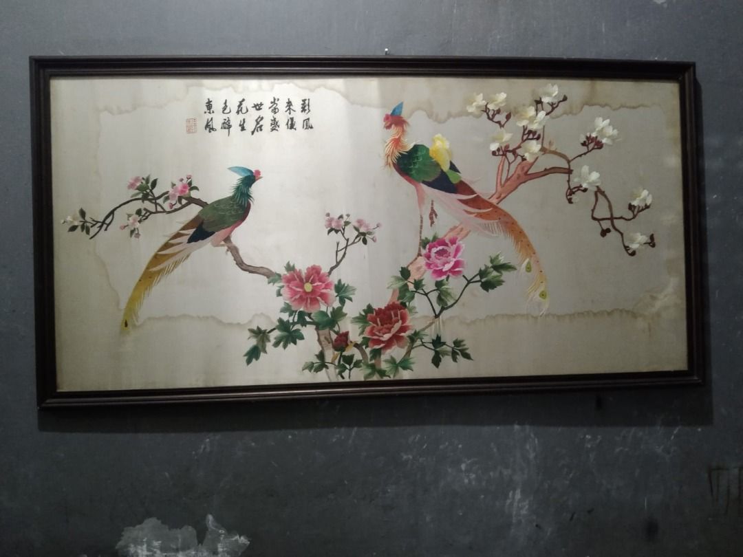 Lukisan Sulam Hunan Phoenix Heming Lai Yi Fu Bingkai Kaca Kuno Jadul ...