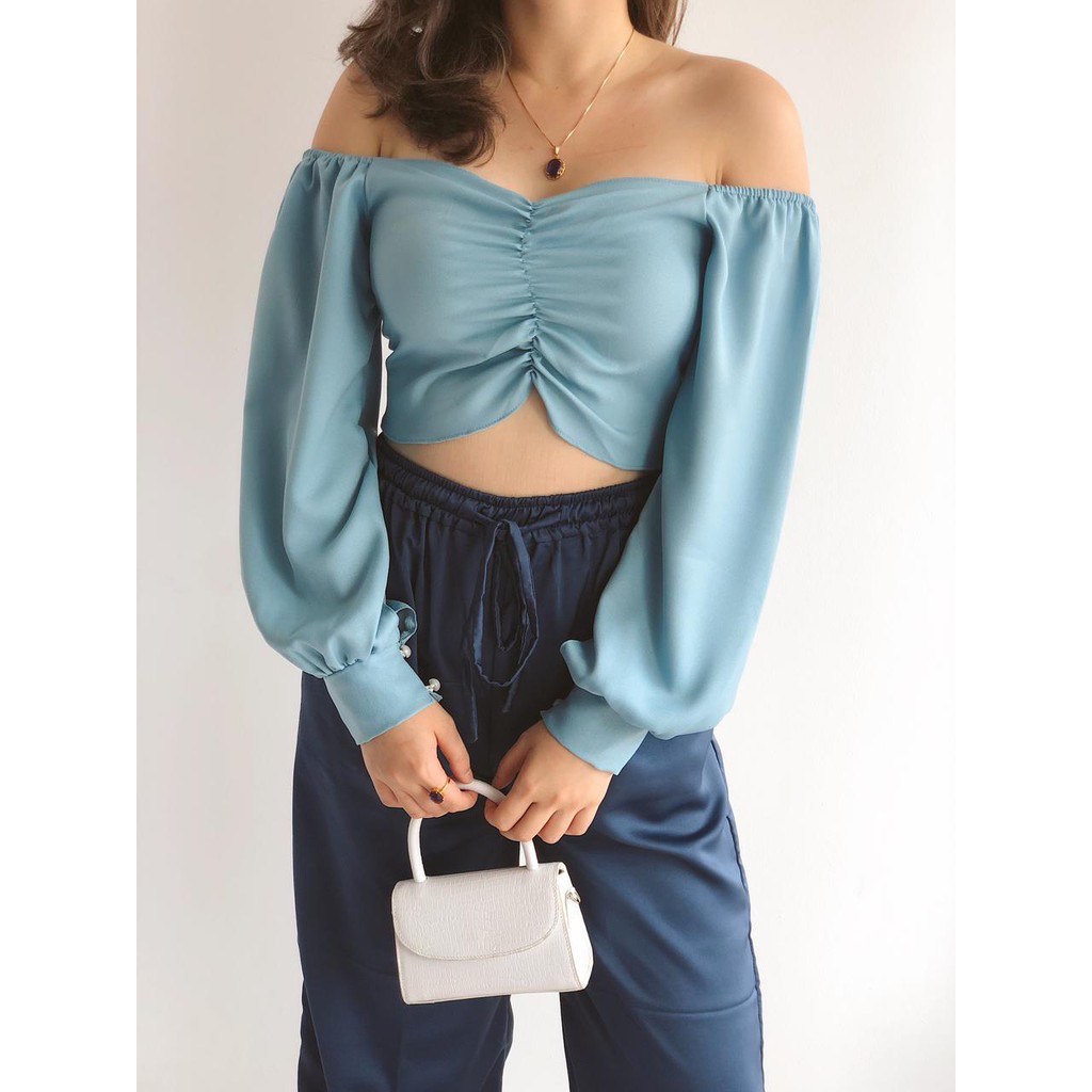 NEW - Sabrina Off Shoulder Top Blue Pluffyschoice, Fesyen Wanita ...