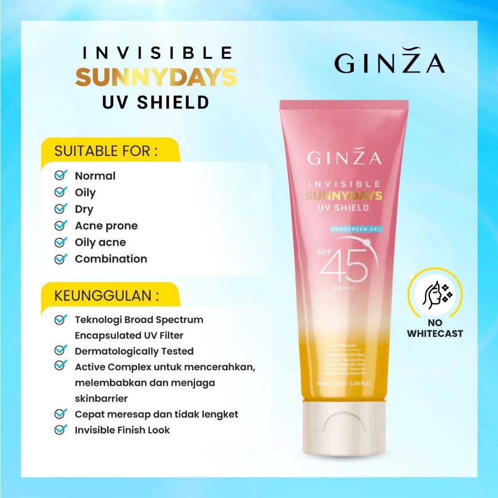Ginza Invisible SunnyDays UV Shield Sunscreen Gel SPF 45 PA+++ - 30ml ...