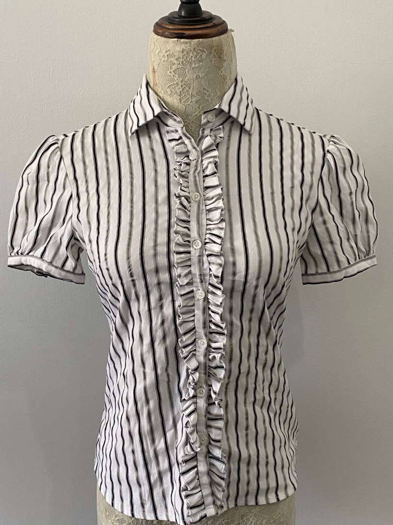 G2000 WOMAN Pinstripe black and white fatal frame protagonist ruffle y2k office siren work ...