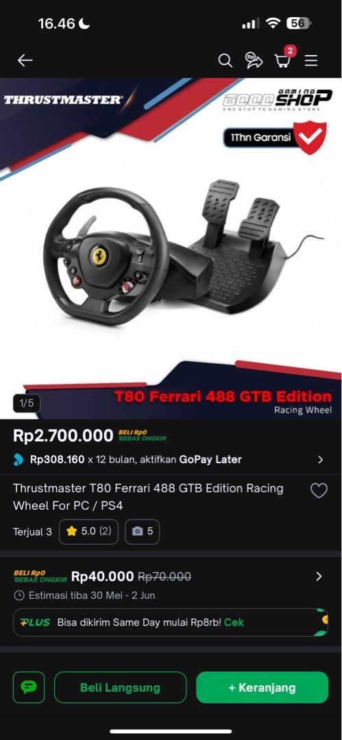 Thrustmaster T80 Ferrari 488GTB Edition Racing Wheel for PC or PS4 ...