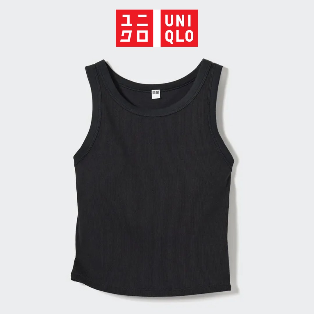 UNIQLO Black Ribbed Tank Top Basic Crop Rib Sleeveless Inner Atasan ...