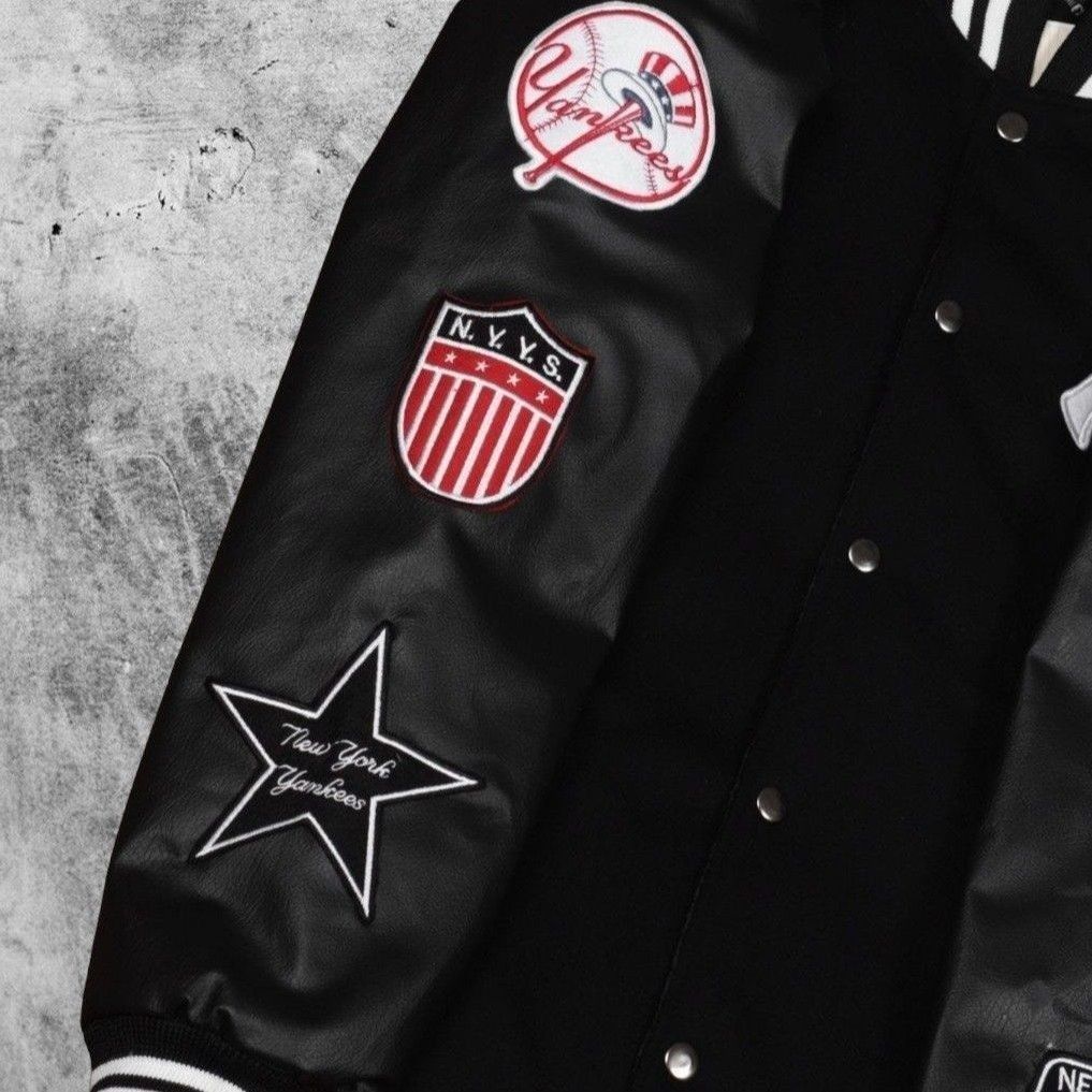 Jaket Varsity MLB New York Yankees Leather Sleeve Hitam, Fesyen Pria ...