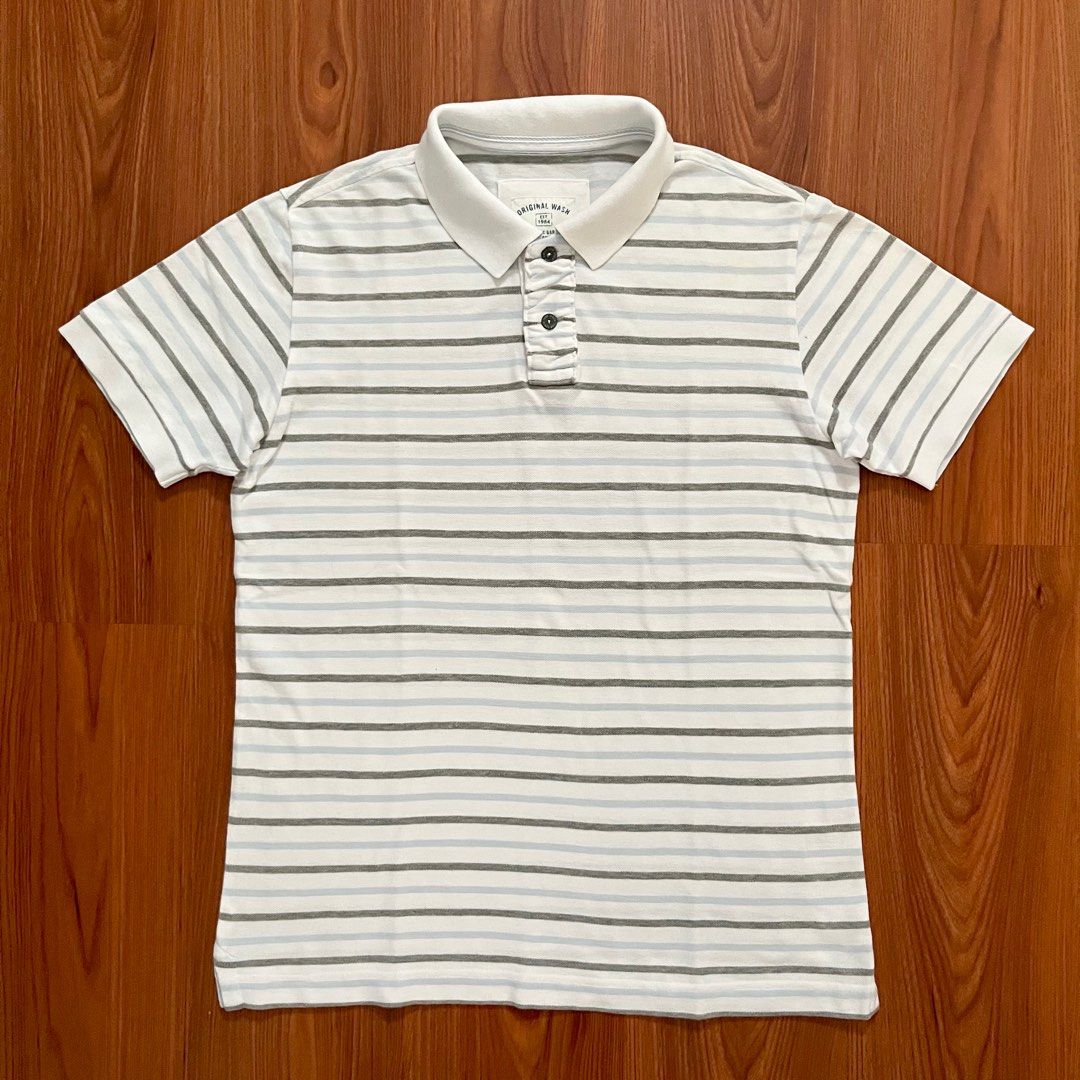 Polo Shirt UNIQLO Original Wash Striped White (L), Fesyen Pria, Pakaian ...