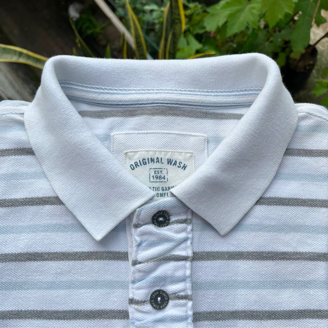 Polo Shirt UNIQLO Original Wash Striped White (L), Fesyen Pria, Pakaian ...