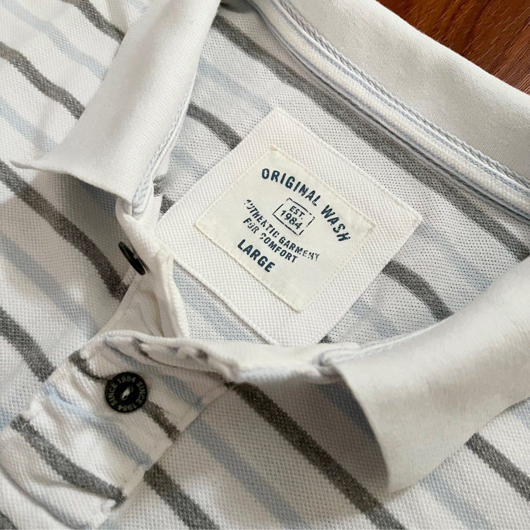 Polo Shirt UNIQLO Original Wash Striped White (L), Fesyen Pria, Pakaian ...
