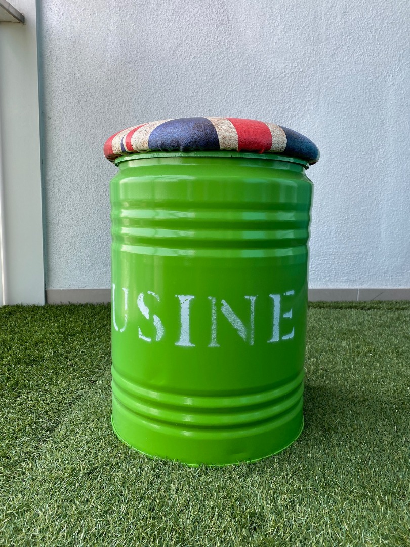 Vintage Oil Drum Bin Stool with Union Jack flag cushion seat, Furniture ...