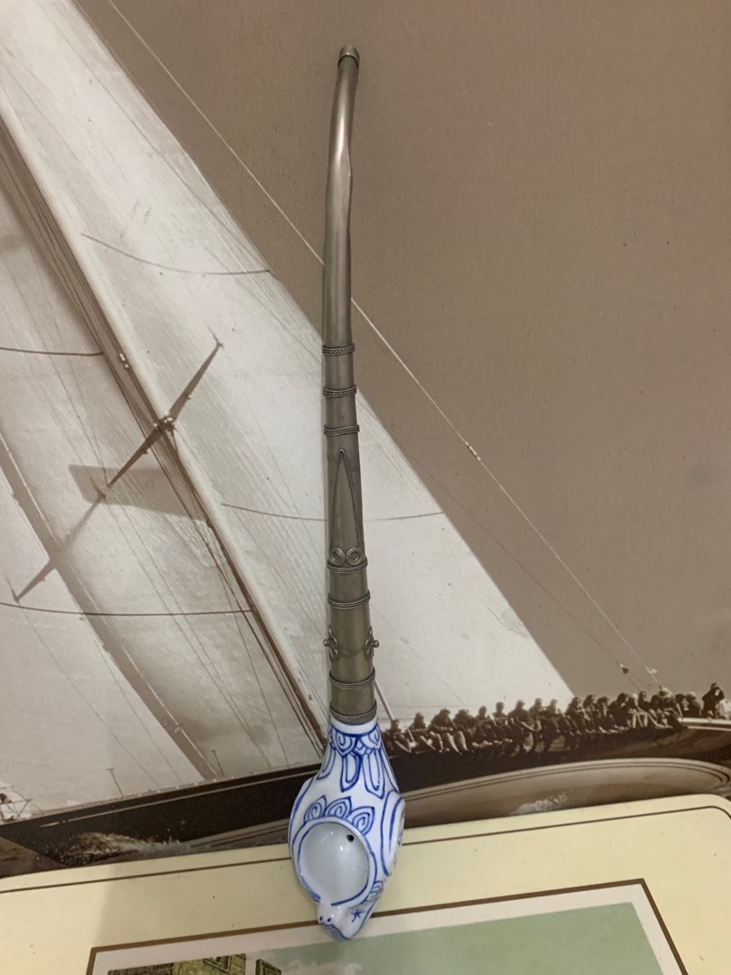 Vintage Old Smoking pipe oriental Filigree metal stem with porcelain ...