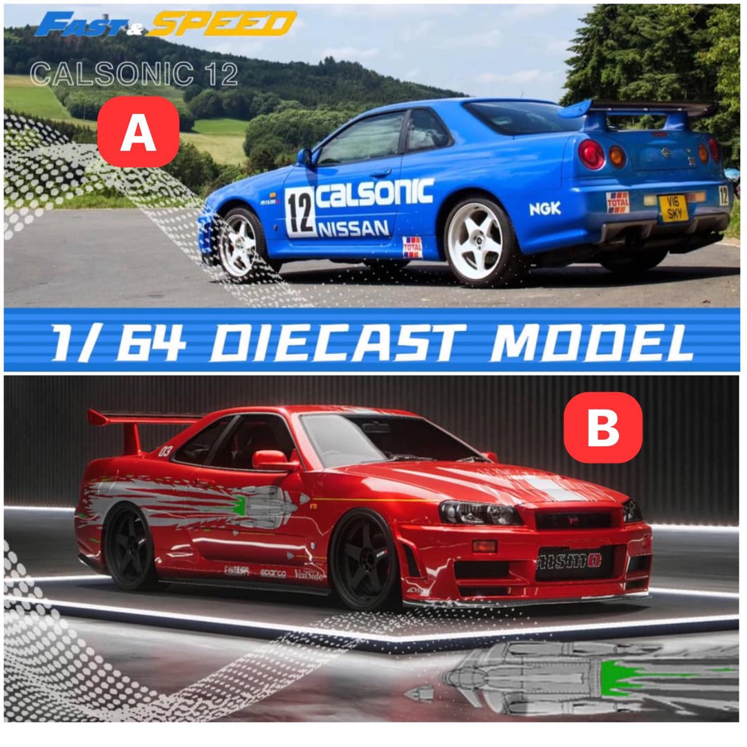 Fast Speed FS 1:64合金模型 Nissan Skyline GTR R34 FNF Calsonic, 預購 - Carousell