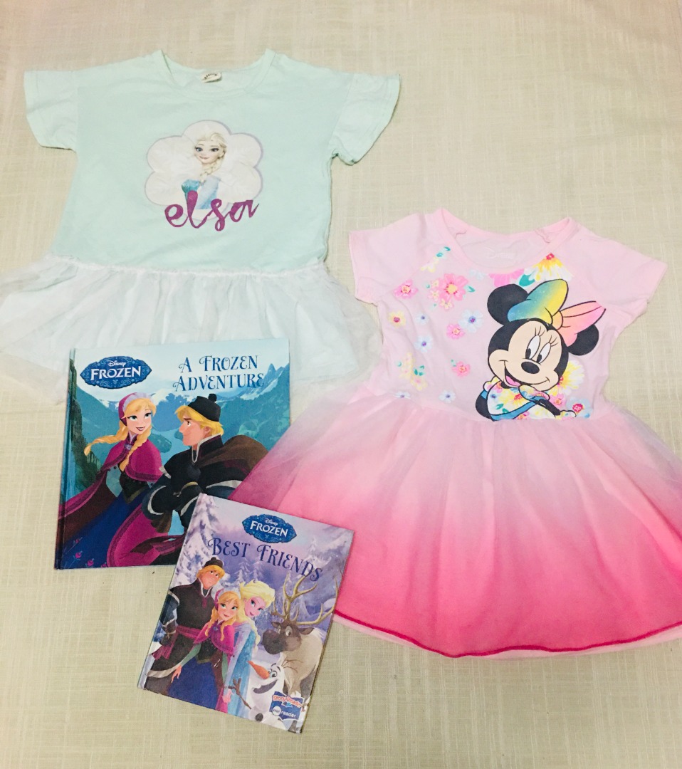 Frozen Elsa Mint Green and Minnie Mouse Pink Dress with Books Bundle ...