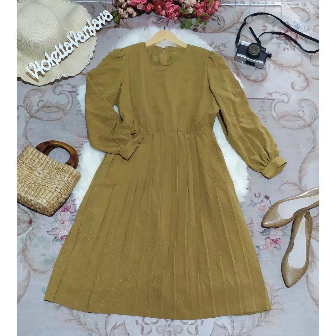 Midi dress simpel simple elegan klasik retro vintage jadul kuning ...