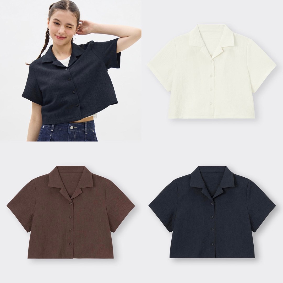 GU Textured Open Collar Shirt, Women's Fashion, Tops, Blouses on Carousell