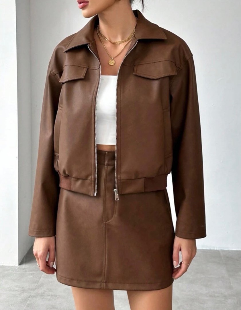 Leather jacket and skirt coordinates, Women's Fashion, Coats, Jackets ...